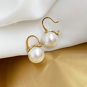 OwMell Elegant 925 Sterling Silver Pearl Drop Earrings Dangle Stud Gold Plated Earrings for Women Large Size 12mm - Gold