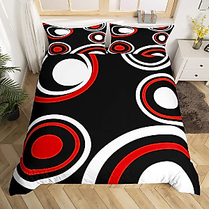 Abstract Square Circle Duvet Cover Set King Size,Geometric Art Pattern Comforter Cover with 2 Pillowcases,3 Piece,Modern Black Red White Bedding Set for Adult Young Bedroom Xmas Gift
