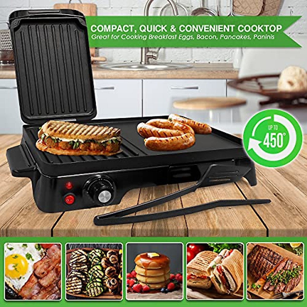 NutriChef 2-in-1 Panini Press Grill Gourmet Sandwich Maker & Griddle, Nonstick Coating, Temperature Control, Oil Tray, Countertop Removable Drip Tray 1500W - NutriChef