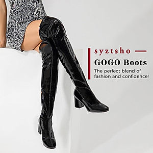 syztsho Thigh High Boots for Women Patent Leather PU Chunky Heel Over The Knee Boots Sexy Square Toe Side Zipper GOGO Boots Size US9.5 CN41