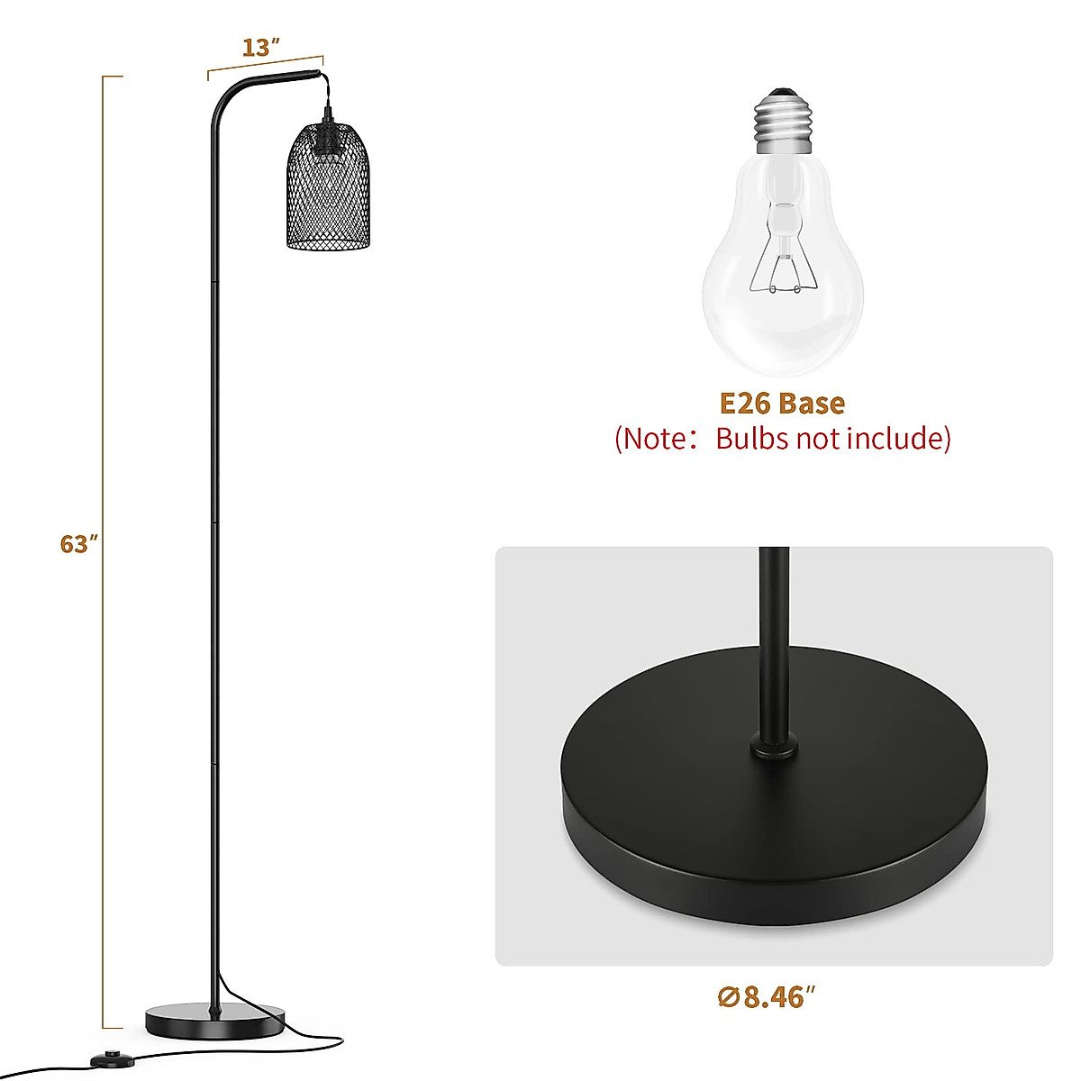 A ANTEN Industrial Floor lamp, Metal Standing Lamps for Living Room, 63 Inch, Modern Tall Lamp for Reading, E26, Mid Century Corner Lamp with Foot Switch, Black Floor Light for Bedrooms, Office, Home