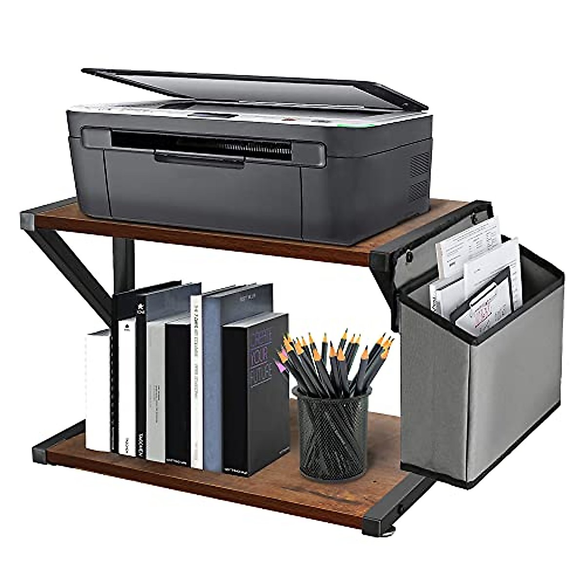 Y&ME YM Desktop Printer Stand with Storage Bag, 2 Tier Desktop Organizer Shelf, Rustic Wood Printer Table with Adjustable Anti-Skid Pads, Under Desk Printer Shelf for Fax Machine, Scanner, Files