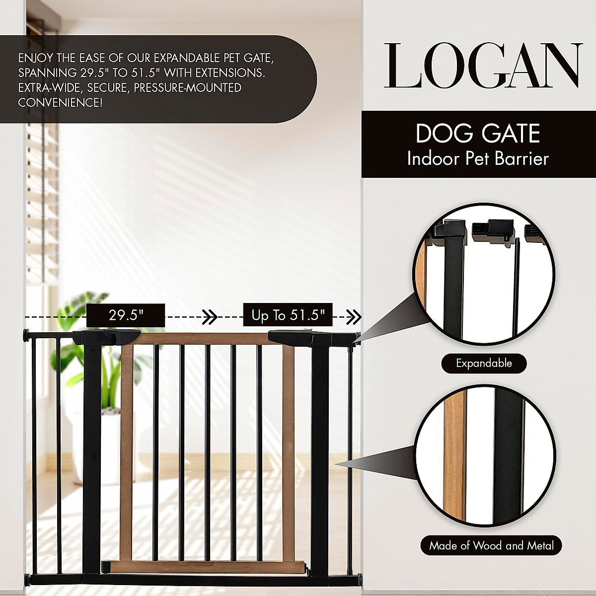 NMN Designs Logan Dog Gate - Indoor Pet Barrier and Wooden Dog Gate with Walk Through Swinging Door - Pressure Mounted for Walls and Stairs - Puppy Gates for The House - Expandable 29.5" to 51.5"