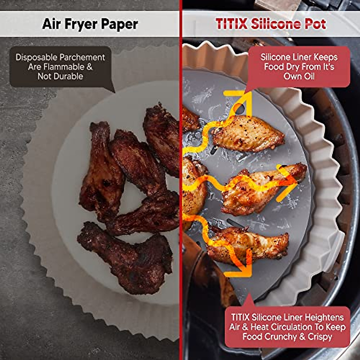 TITIX Silicone Air Fryer Liner (4-Piece Set) - Grey-Brown (XL - 9.5") - Dishwasher & Microwave Safe Silicone Bowl - Heat Resistant Reusable Oven & Air Fryer Liner