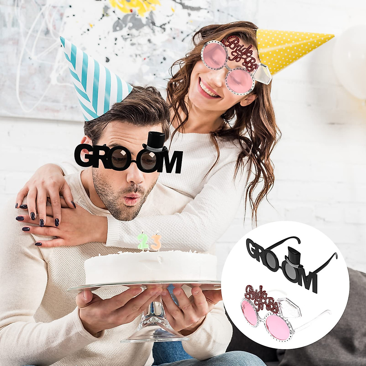 NUOBESTY Groom and Bride Eyeglasses Decorative Bachelor Party Eyeglasses Bachelorette and Bridal Shower Decorations for Party Photo Props, 2pcs