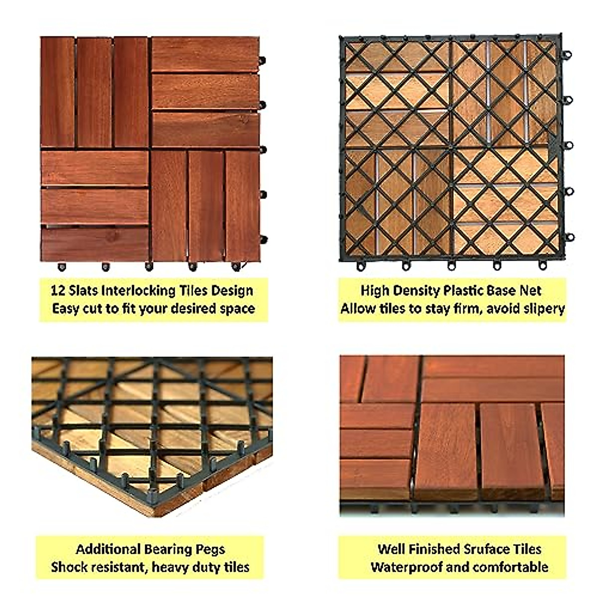 CLOVERHOLM Interlocking Deck Tiles 12x12 inches, 10PCS Waterproof Acacia Wood Patio Tiles, Easy Snap Flooring Tiles for Indoor and Outdoor,Balcony, Entry, Poolside Tiles (Tiles-Teak-P9)