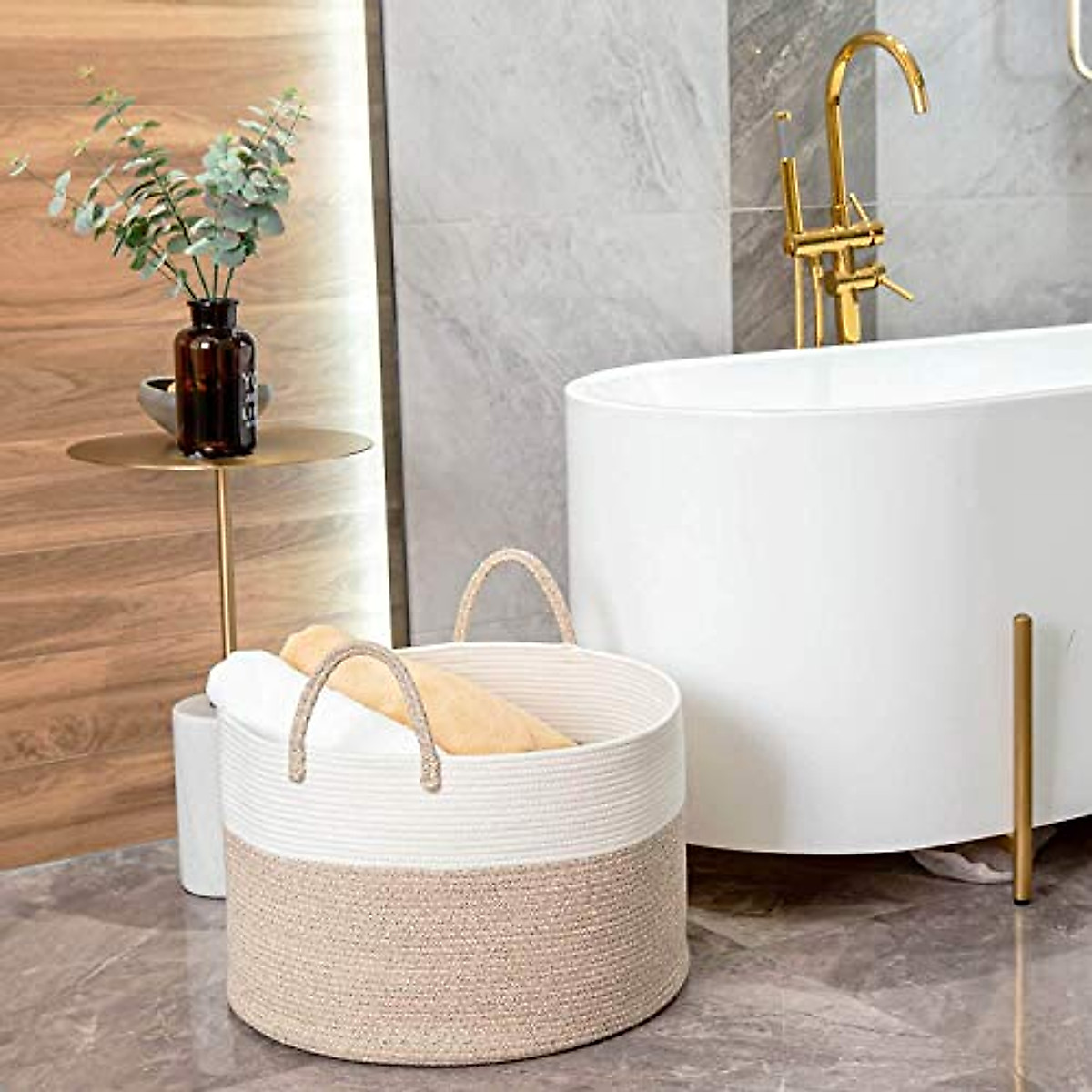 MINTWOOD Design Extra Large 22 x 14 Inches Cotton Rope Blanket Basket Living Room, Woven Laundry Basket, Toy Storage Baskets Bin, Decorative Round Pillow Towel Basket with Handles