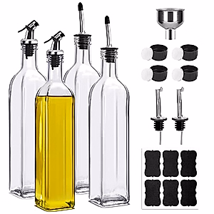 BAKHUK 4 Pack 17oz Glass Olive Oil Dispenser Bottles 500ml Clear Vinegar Cruet with Pourers and Funnel for Kitchen