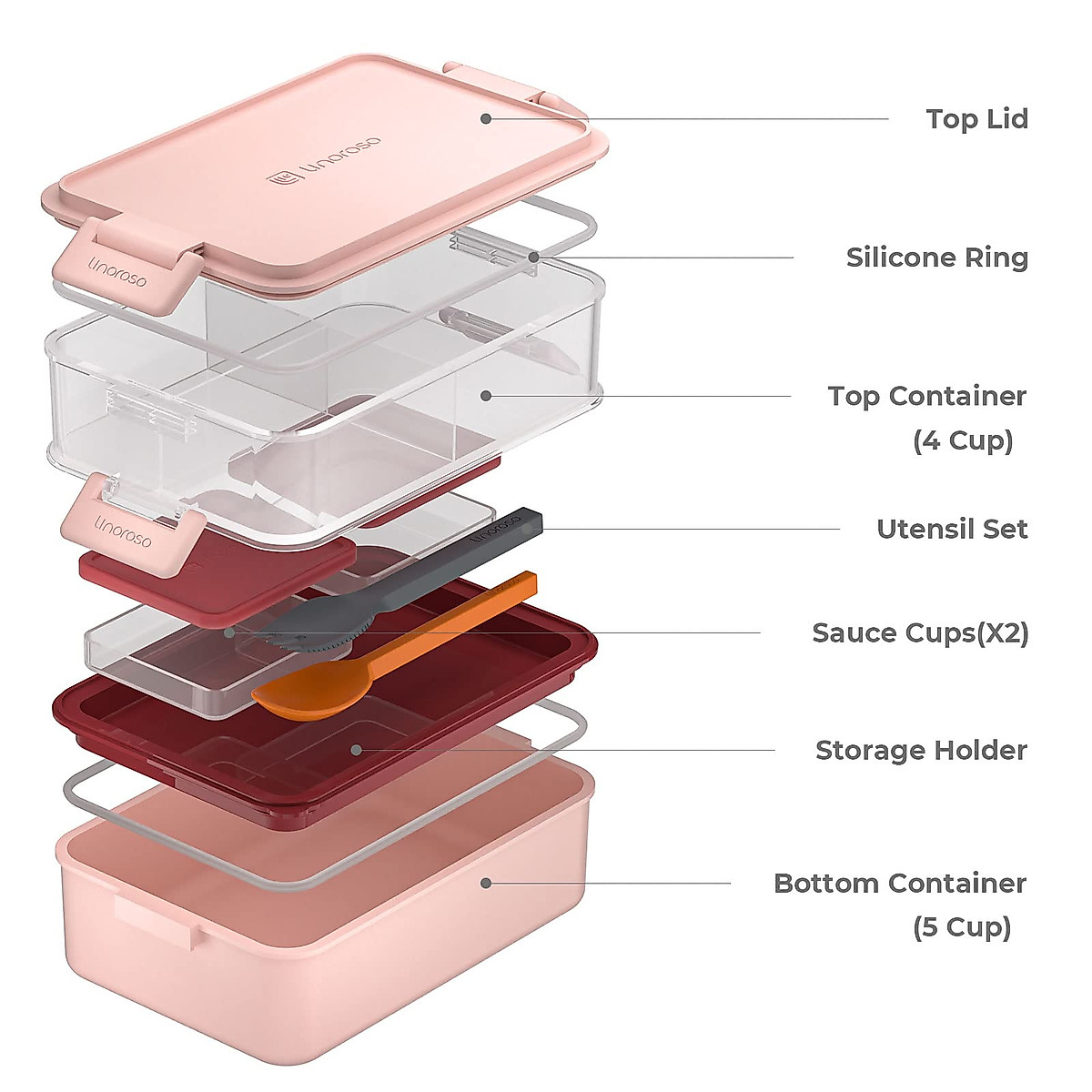 linoroso Stackable Bento Box Adult Lunch Box | Meet All You On-the-Go Needs for Food, Salad and Snack Box, Premium Bento Lunch Box for Adults Include Utensil Set, Dressing Containers - Frozen Berry