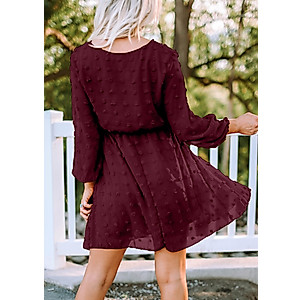 KIRUNDO Womens Spring Dresses 2024 Fashion Casual Long Lantern Sleeve V Neck Cute Swiss Dot Mini Wedding Guest Dress(Style2-Wine Red, X-Large)