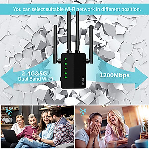 WiFi Extender 1200 Mbps-2.4 and 5GHz Dual-Band Network-Wireless Amplifier Signal Booster-Wireless Repeater with Smart Signal Indicator