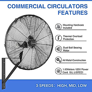 KEN BROWN 20 Inch Industrial Oscillating Wall Mount Fan 5500CFM,Heavy Duty,High Velocity,3- Speed,Black