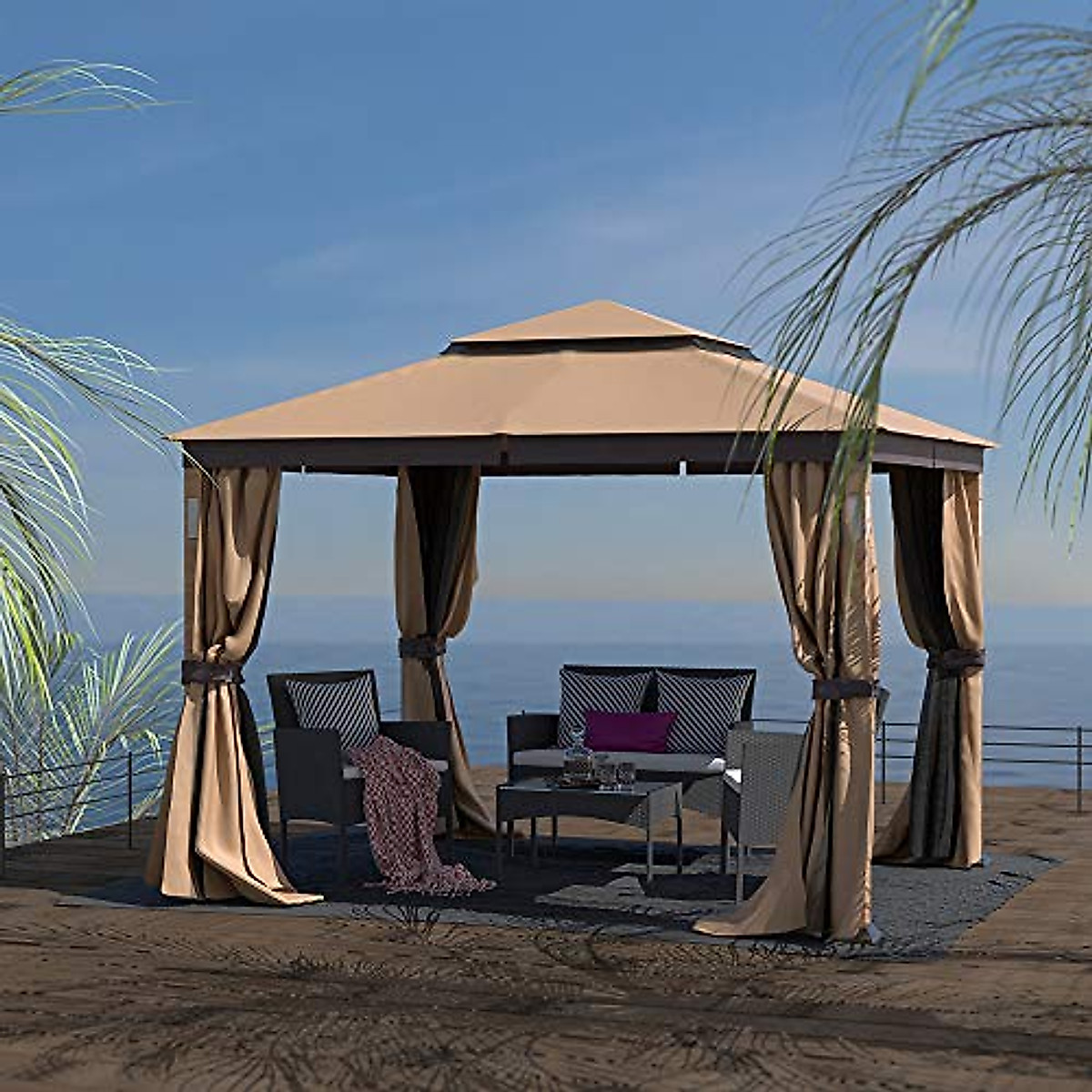 10x12 Gazebo Canopy Soft Top Outdoor Gazebo Tent 2-Tier Curtain Double Roof Vented Gazebo with Mesh, LED Lights, and Bluetooth Speakers