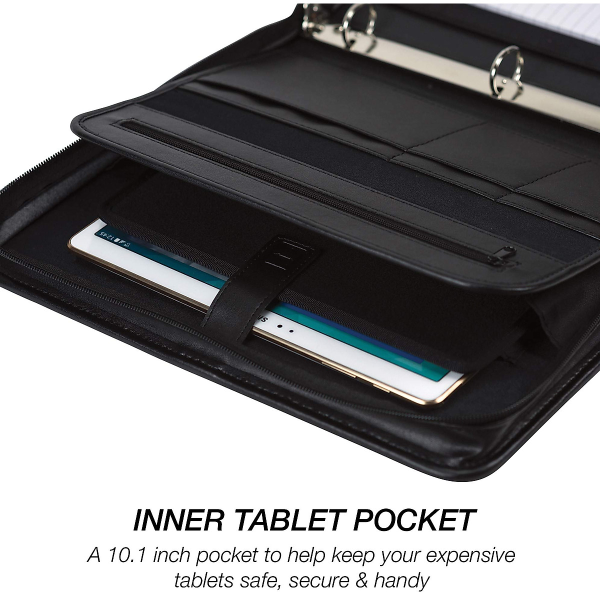 Samsill Professional 1-Inch Zipper Binder Padfolio with iPad Pocket, Interview Document Organizer, Includes Refillable 8.5 x 11 Inch Writing Pad and Pen Loop, Black