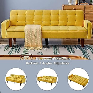 Anwickhomk 72" Convertible Folding Sofa Bed Futon,Modern Linen Fabric Sleeper Loveseat with 2 Pillows & Solid Wood Legs,Small Couch Bed Recliner Sofa for Living Room Apartment Office (Yellow-New)