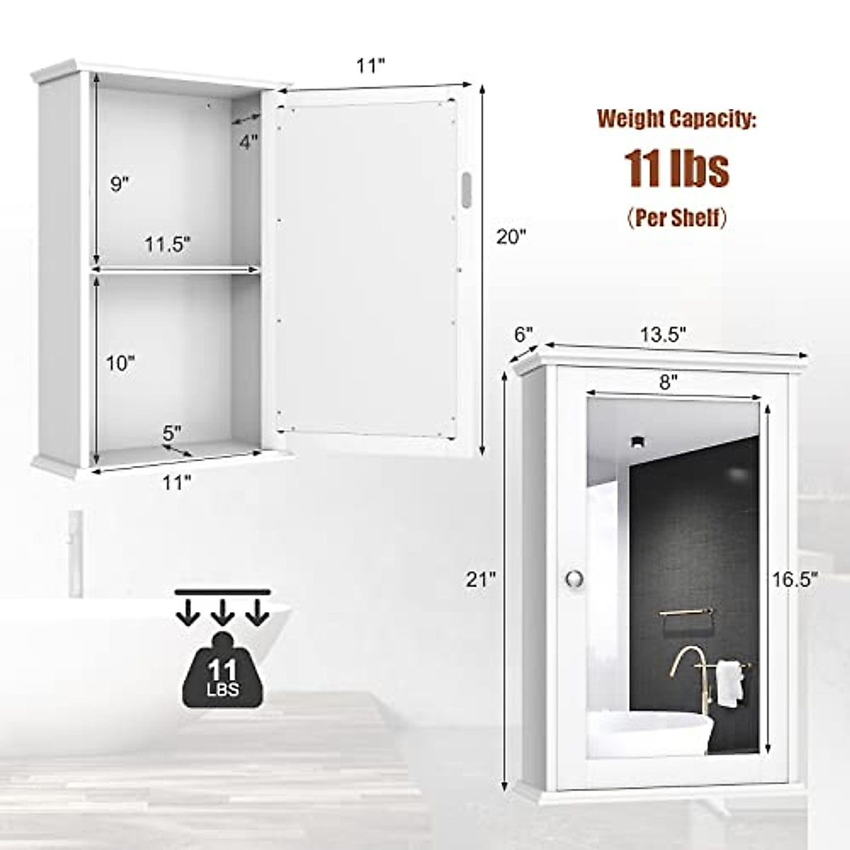 RELAX4LIFE Wall Mounted Bathroom Cabinet, 2-in-1 Mirror Medicine Cabinet w/ 3 Heights Adjustable Shelf & Single Mirror Door Storage Cabinet Over-The-Toilet Storage Organizer (White)