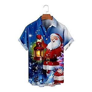 Lcxifdre Funny Christmas Shirts Mens Christmas Santa 3D Digital Print Button Lapel Short Sleeve Shirt T Shirt Slim Fit Tops Blue