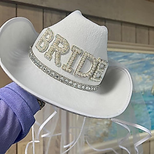 Bridal Cowboy Hat, Bronzing "Bride" Cowgirl Hat White Velvet Fur Veil Favors Women Felt Party Hat,Bachelorette Party Bride to be Gift