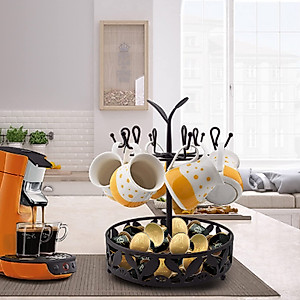 CUKE2BEET Mug Tree with Basket, Coffee Mug Holder Mug Rack with Coffee Pod Storage, Coffee Cup Tree Stand Cup Holder Countertop for Coffee Bar Decor Accessory and Kitchen Organizer (Rotatable)