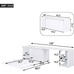 DNYN Queen Size Murphy Bed with Storage Shelves & Rotable Desk & Cabinet Design,Solid Wood Bedframe,Space Saving & No Box Spring Need,Perfect for Livingroom,Guestroom,Bedroom, White