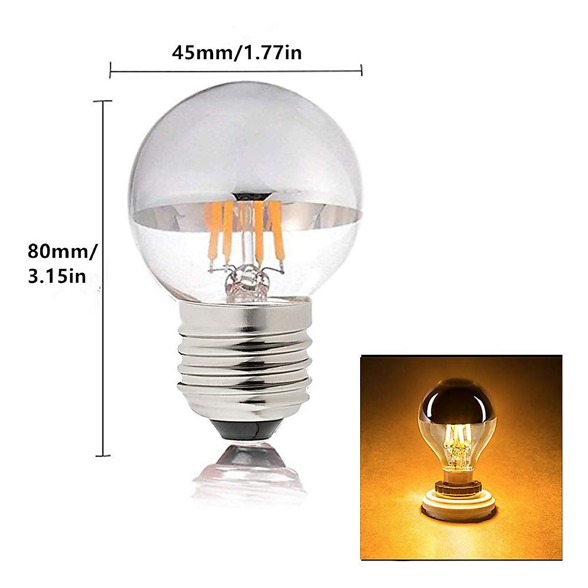 Lxcom Lighting 4W G45 Edison LED Bulb Silver Tipped Dimmable Vintage LED Filament Bulbs(4 Pack)- E26 Base G45 Antique Half Chrome LED Light Bulb Warm White 2700K 40W Equal,AC110V-130V