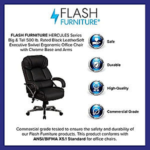 Flash Furniture HERCULES Series Big & Tall 500 lb. Rated Black LeatherSoft Executive Swivel Ergonomic Office Chair with Chrome Base and Arms