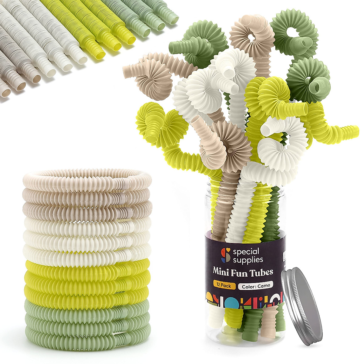 Special Supplies Fun Pull and Stretch Tubes for Kids - Pop, Bend, Build, and Connect Toy, Provide Tactile and Auditory Sensory Play, Colorful, Heavy-Duty Plastic (Camo-12)