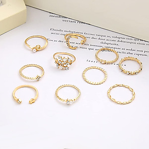 Uarein Boho Gold Stacking Rings for Women, Knuckle Stackable Star Moon Flower Joint Finger Rings Set (A)