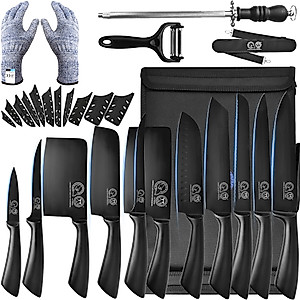 XYJ Knife Set, 11 Pieces Stainless Steel Black Knives,Cooking Cleaver Meat Vegetable Boning Chef Knives,With Roll Bag,Honing Steel,Ergonomic Handle,Ideal for Kitchen Outdoor Camping for Mom Dad