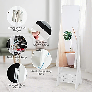 GOFLAME Jewelry Cabinet Freestanding, LED Lighted Jewelry Armoire with Full-length Frameless Mirror, Foldable shelf, 6 Drawers, Lockable Mirrored Jewelry Cabinet with 3 Adjustable Angle (White)