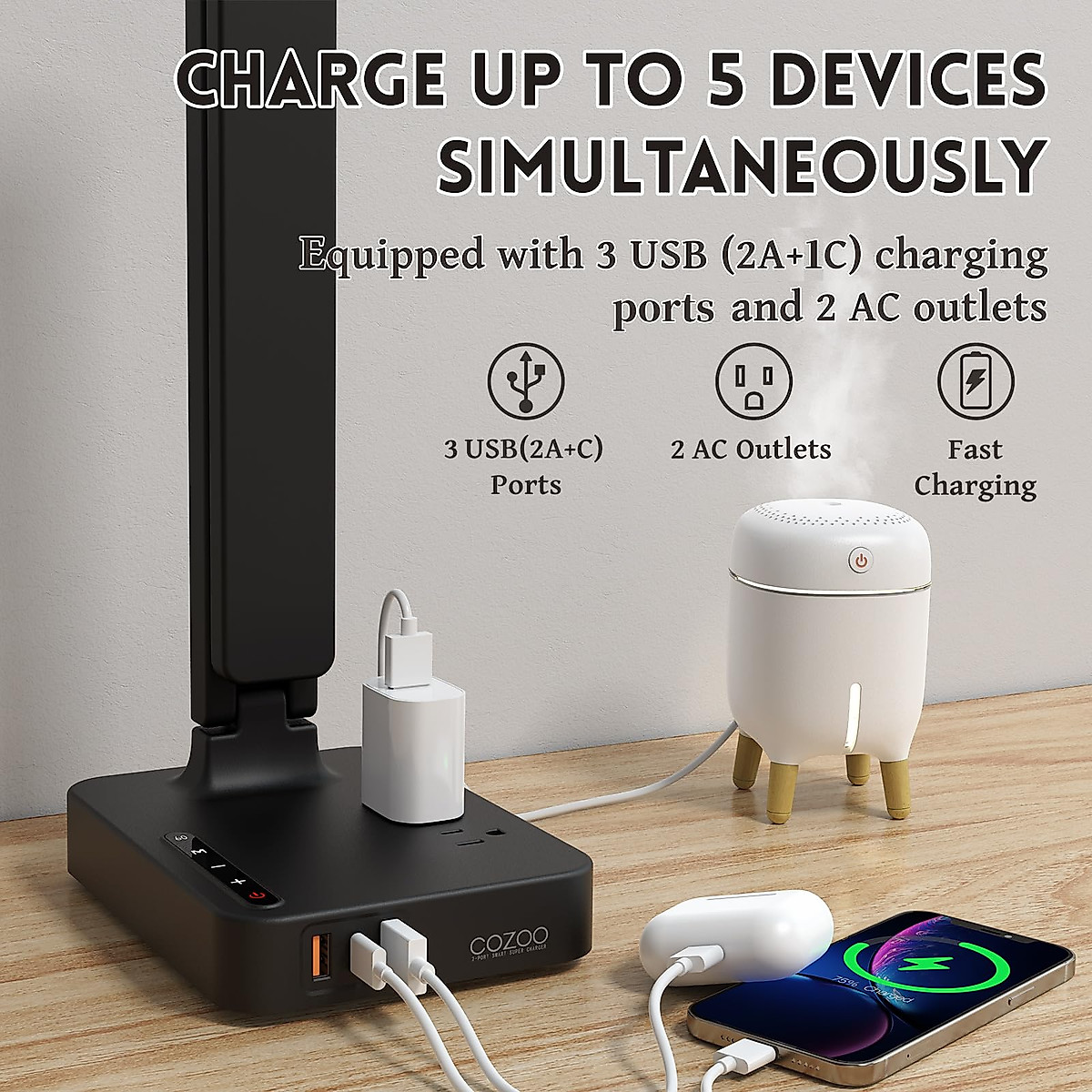 Wood LED Desk Lamp with 3 USB Charging Ports and 2 AC Outlets,3 Color Temperatures & 3 Brightness Levels, Touch/Memory/Timer Function,10W Eye Protection Foldable Reading Light,Office Table Lamp Wood