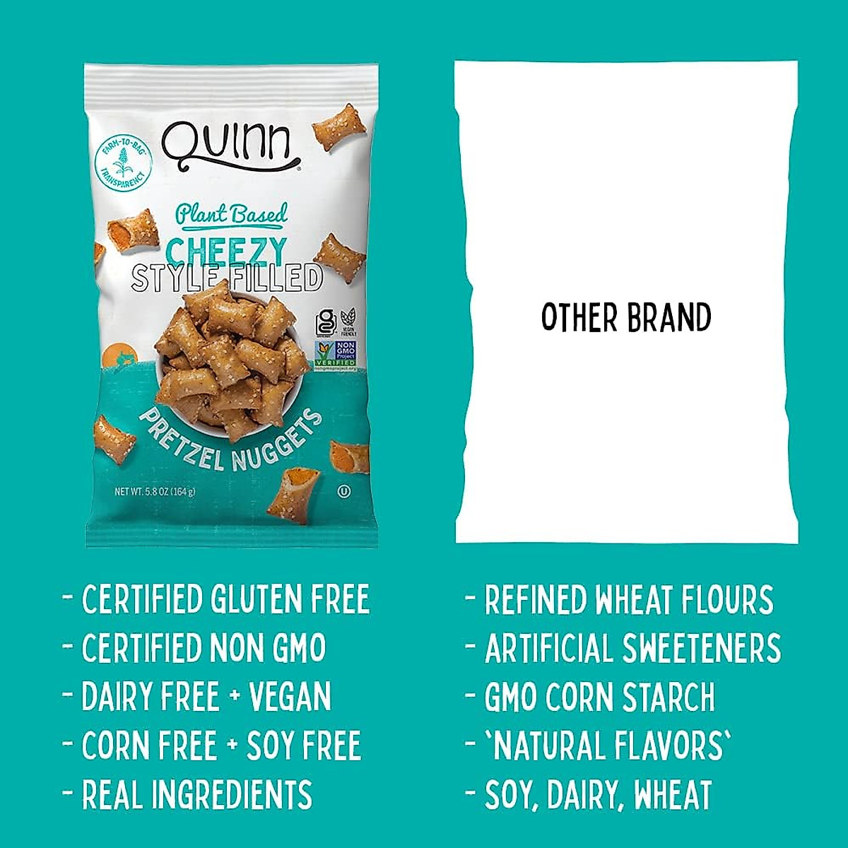Quinn Cheddah Cheezy Filled Pretzel Nuggets - Made with Real Ingredients, Whole Grain Sorghum, Sea Salt, Vegan, Gluten Free, Dairy Free, Non-GMO - 5.8 Oz (Pack of 8)