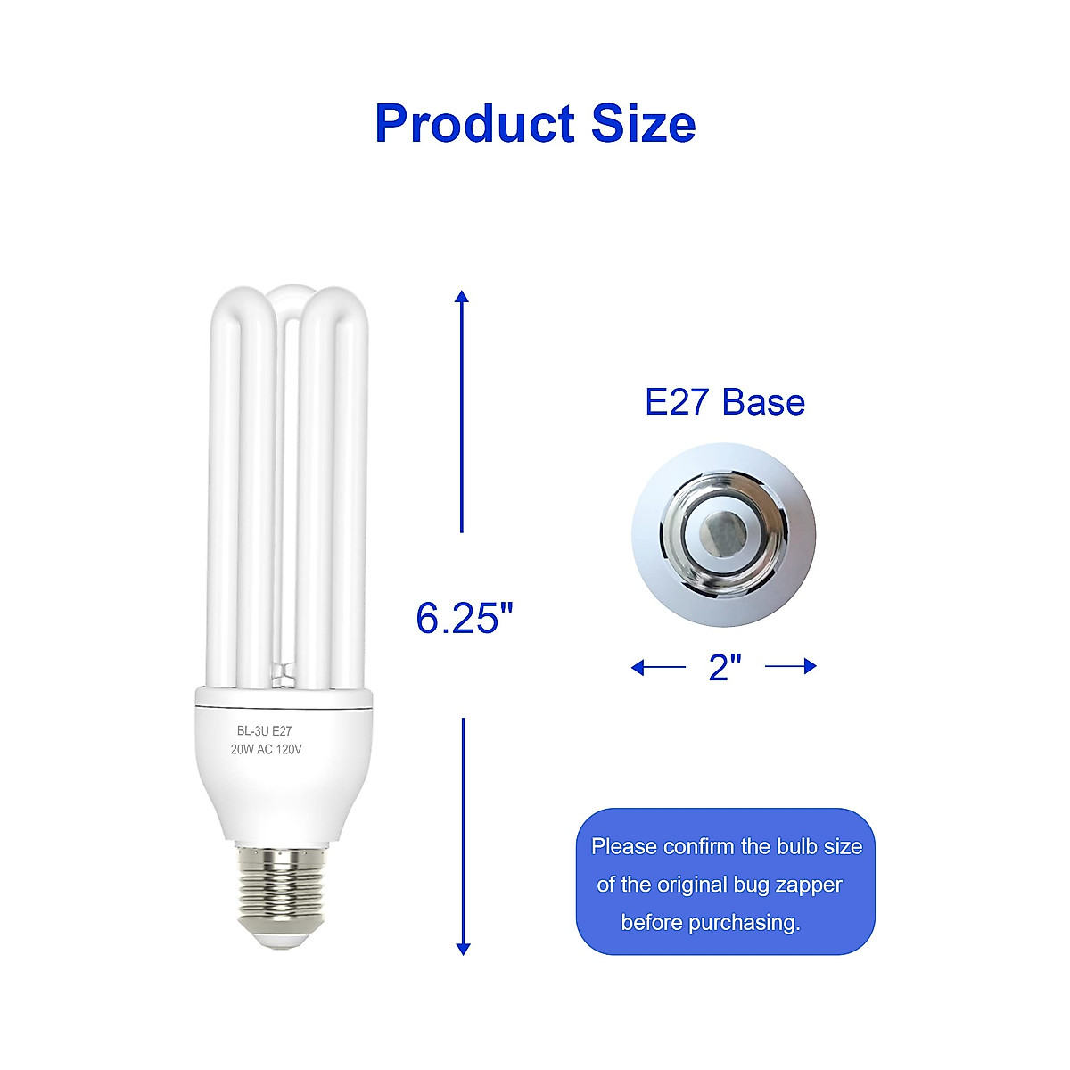 Dichroma 2 Pack 3U 20W Replacement Bulbs for 20W Bug Zapper with E27 Base, Compatible with Meilen, Husaco, Lunatino, PALONE, and Other Models