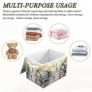 Krafig Modern Art Eiffel Tower Yellow Foldable Storage Box Large Cube Organizer Bins Containers Baskets with Lids Handles for Closet Organization, Shelves, Clothes, Toys
