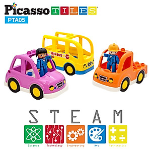 PicassoTiles Magnetic Figures 5 Piece Vehicle and Action Figure Set Including School Bus, Car, Truck and 2 Drivers Magnet Expansion Pack Toddler Toy Kit Pretend Playset for Construction Building Block