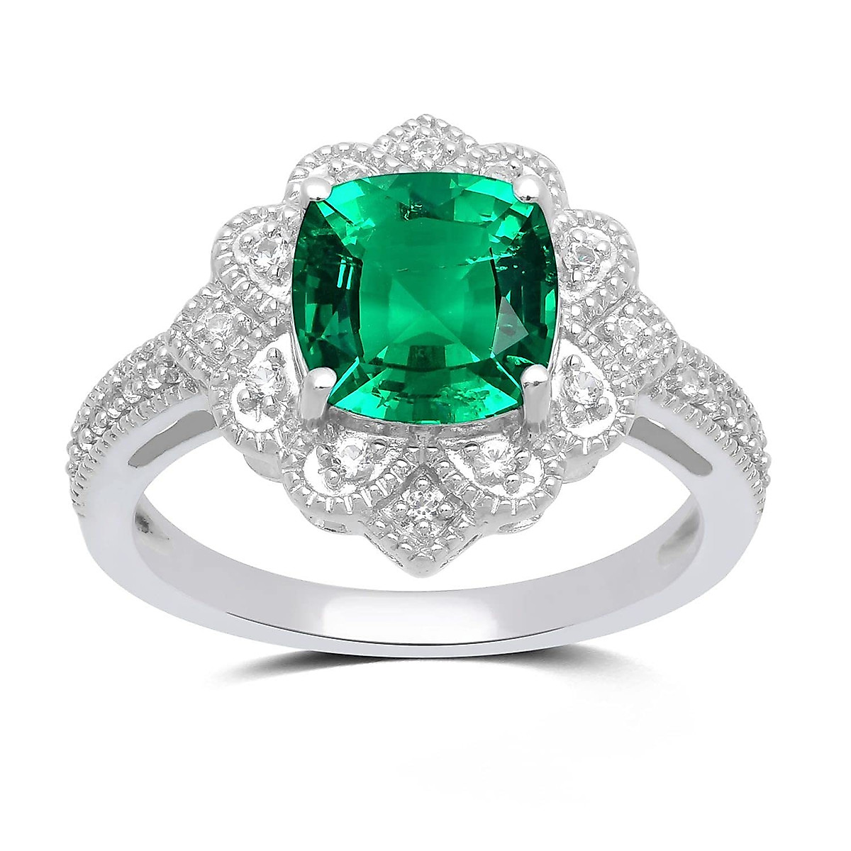 Jewelili Sterling Silver 8x8 MM Cushion Shape Created Emerald and 1/6 Cttw Natural White Round Diamond Ring, Size 7