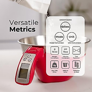 Fradel Digital Kitchen Food Scale with Bowl (Removable) and Measuring Cup - Stainless Steel, Backlight, 11lbs Capacity - Cooking, Baking, Gym, Diet - Precise Measuring (Red)