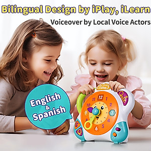 iPlay, iLearn Electronic Teaching Telling Time Learn Clock Toy, Kids Bilingual Teach and Talk Play Clock, Time Activity Toys, Kindergartn Homeschool Supplies for 4 5 6 7 8 Year Old Girls Boys Children
