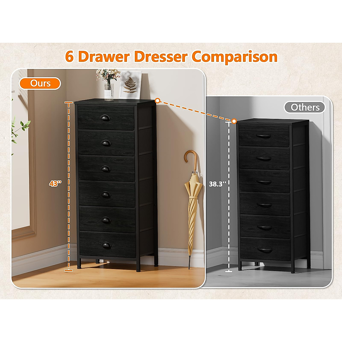 Furnulem Tall Dresser with 6 Drawers,Vertical Bedside End Table & Chest for Bedroom,Black Storage Tower Dorm Nightstand with Fabric Drawer Organizer Unit Furniture in Living Room,Closet,Hallyway