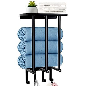 Bathroom Towel Rack with 4 Hooks - Wall Mount Towel Holder for Bathroom with Metal Shelf, Ideal Bathroom Storage Organizer and Decor（Black）