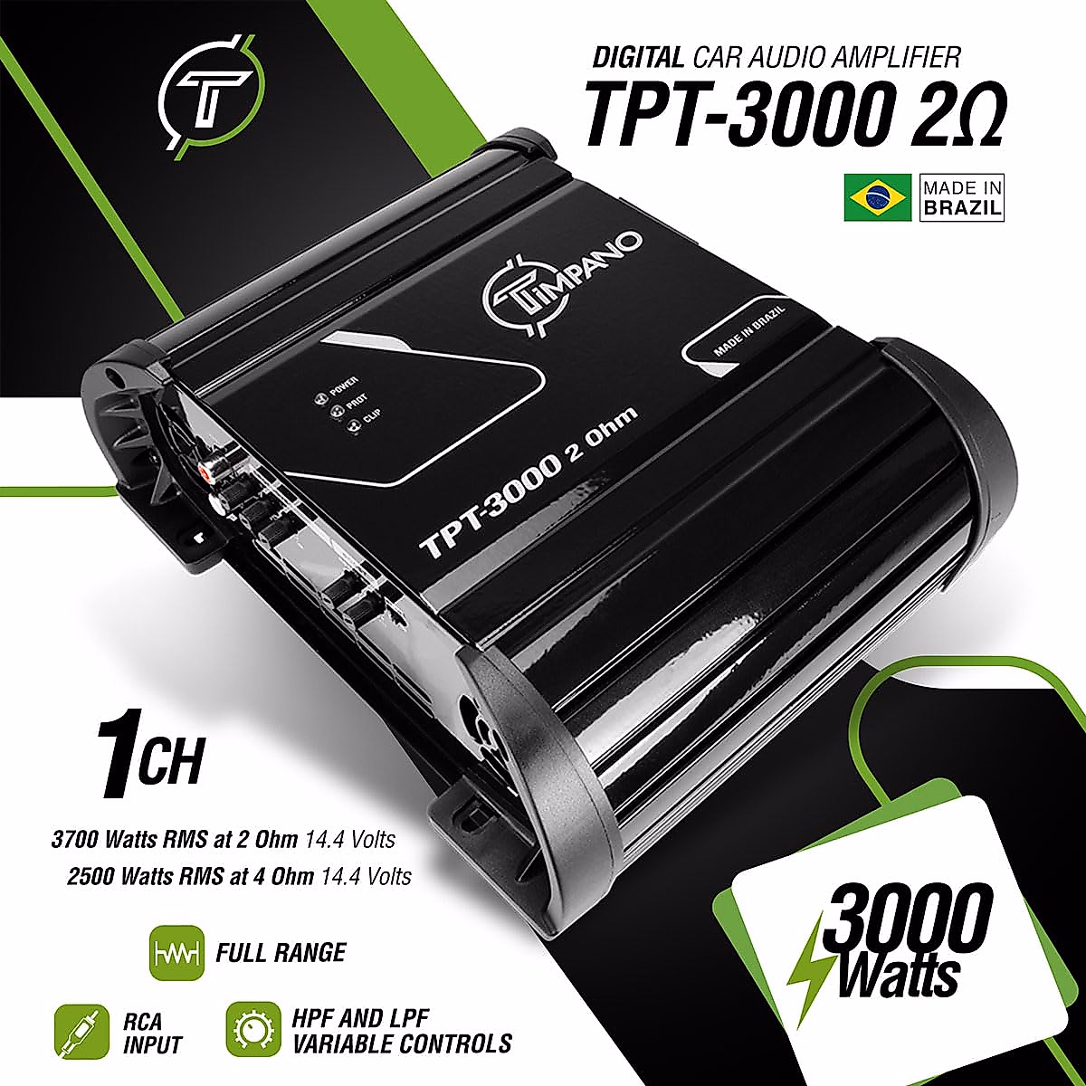 Timpano TPT-3000 2 Ohm Compact Amplifier 3000 Watts, 1 Channel, Full Range Amp Class D for The Installation of Car Speakers, Loudspeakers, Drivers and Tweeters on Car Audio Systems