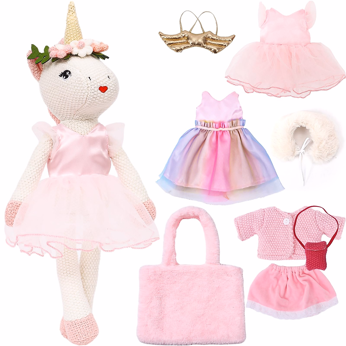 Unicorn Doll Stuffed Animal Toys for Girls - Ballerina Doll | Plush Carrier Bag | 3 Set Cloth Accessories, Kids Pretend Play Pet Care, Birthday Gift for 3 4 5 6 Year Old Little Girl Unicorn Toys