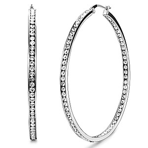 ORAZIO Stainless Steel Women Hoop Earrings Cute Huggie Earrings Cubic Zirconia Inlaid 50MM (A: Silver-tone)