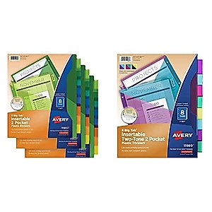 Avery Dividers for 3 Ring Binders, 8-Tab Binder Dividers, Multicolor, 3 Sets (71907) & Plastic 8-Tab Two-Tone Binder Dividers with Two Pockets, Insertable Bright Color Big Tabs, 1 Set (11989)
