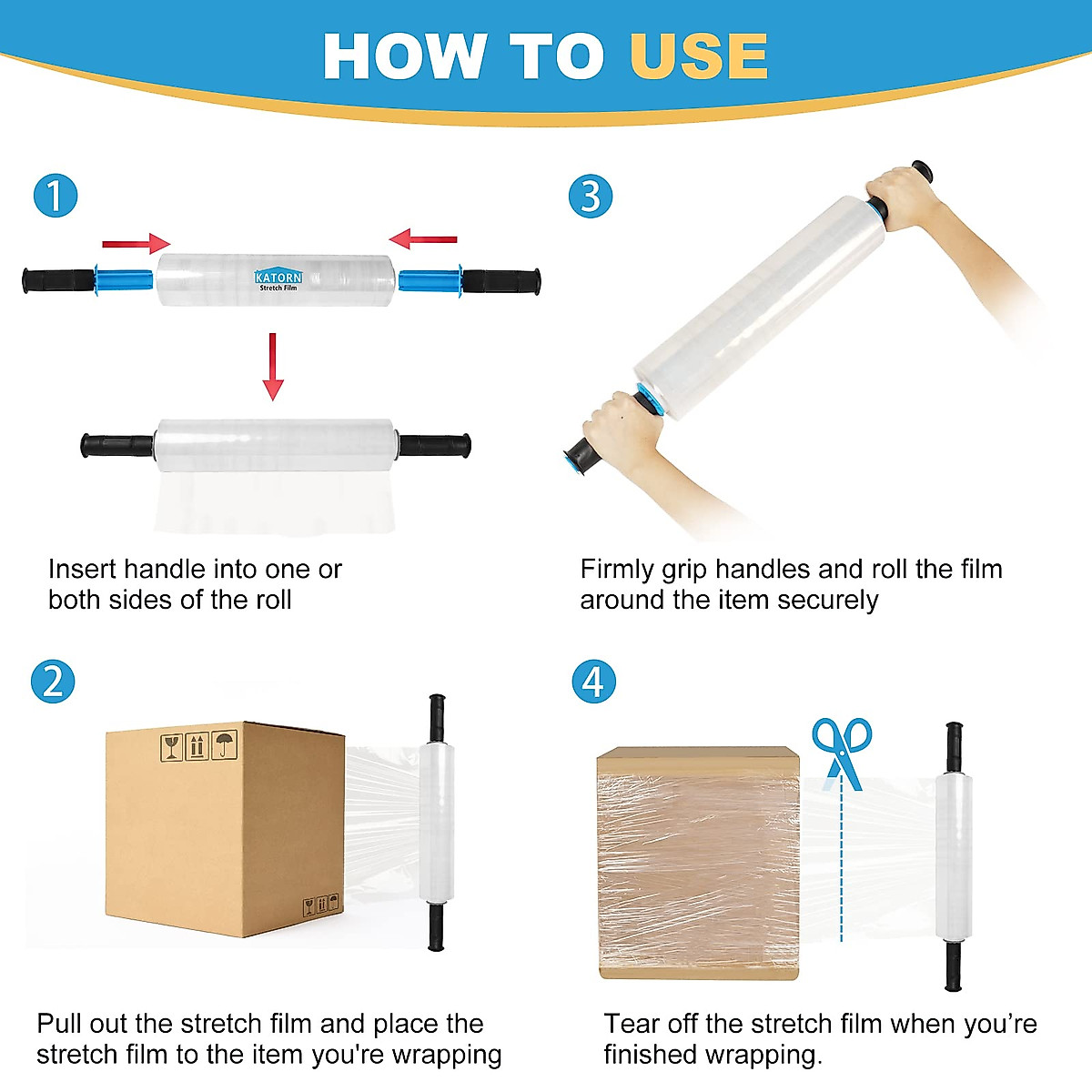 【2 Pack】KATORN Stretch Wrap Film with Rolling Handles, 15 Inch x 1000 Feet Shrink Wrap Roll for Pallet Wrap, Industrial Strength Plastic Wrap, Moving Supplies for Packing, 60 Gauge, Clear
