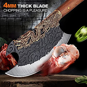 TIVOLI Heavy Duty Bone Chopping Axe, Bone Cutting Knife, Forged Carbon Steel Butcher Meat Cleaver, Multipurpose Bone Chopper Knife with Wood Handle Perfect for Kitchen Outdoors