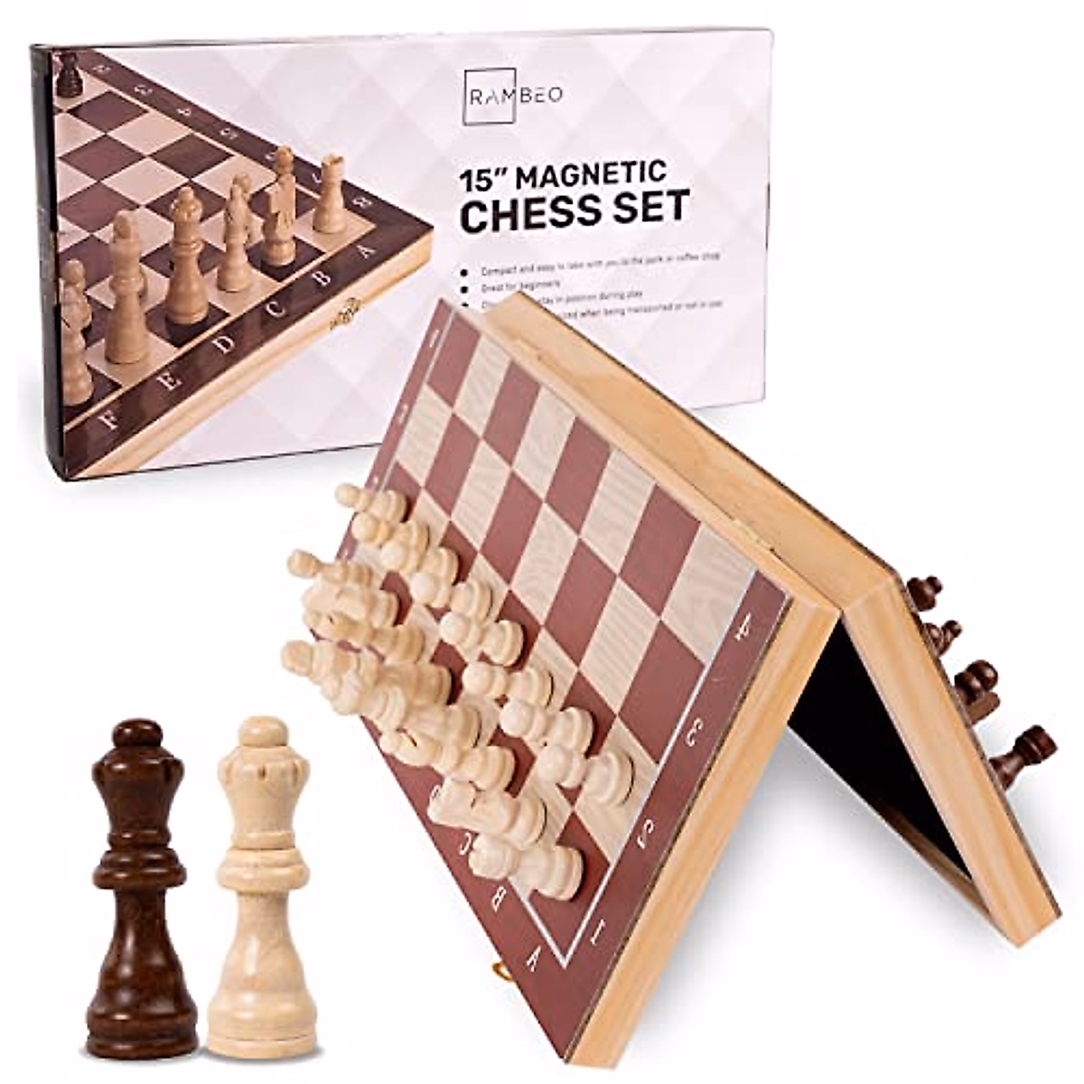 Magnetic Wood Chess Set-15-Inch-Folding Board, Portable Travel Chess Board Game Set Comes with Crafted Chess Game Pieces, Numbers & Letters in a Solution Storage, Great Chess Sets for Kids & Family.