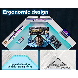 Coleshome L Shaped Gaming Desk with LED Lights & Power Outlets, Reversible 56" Computer Desk with Full Monitor Stand & Storage Shelves, Ergonomic Home Office Corner Desk, White