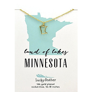 Lucky Feather Minnesota Shaped State Necklace, 14K Gold-Dipped Pendant on Adjustable 16”-18” Chain