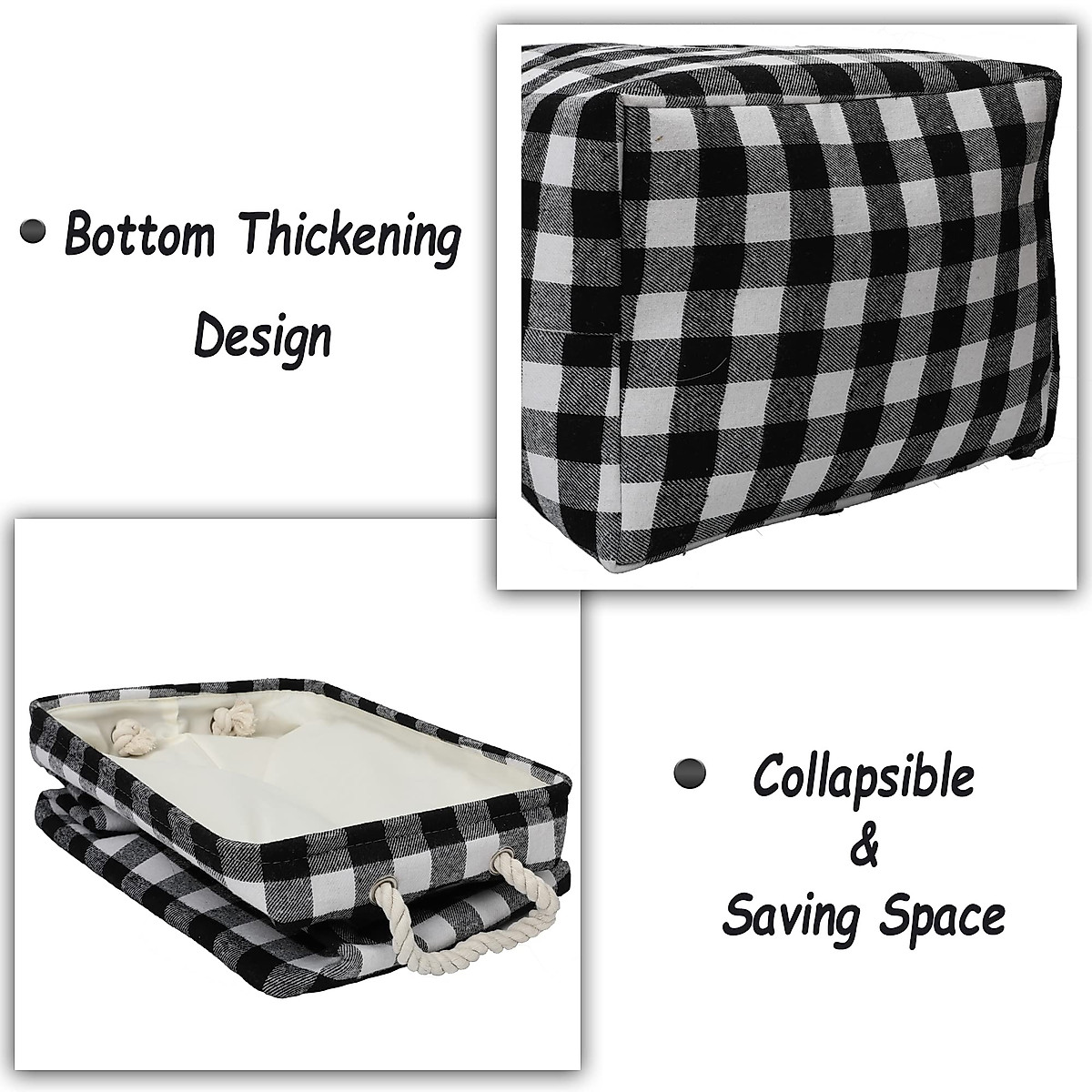 Large Rectangular Decorative Storage Bins Foldable Laundry Hamper Baskets Buffalo Grid Pattern with Rope Handles for Blankets, Toys, Nursery, White Black Grid, L